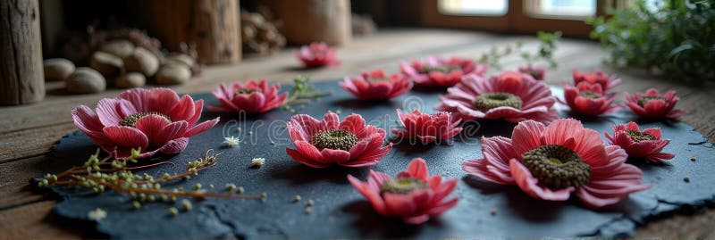 Rustic Arrangement of Pink Flowers on Slate with Natural Decor in Cozy ...