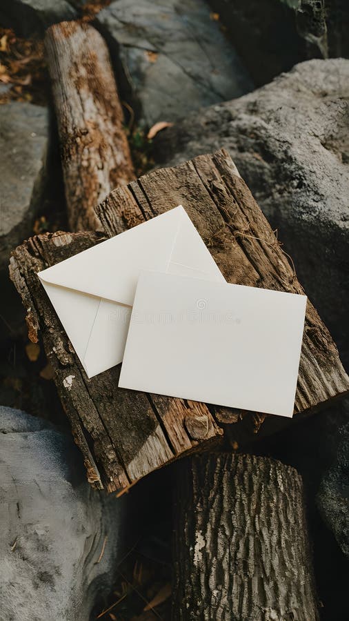 Rustic Arrangement with White Card and Envelope on Weathered Logs in ...