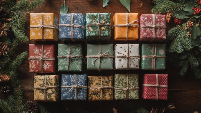 A Rustic Arrangement of Wrapped Gifts with Pine Branches and Pinecones ...