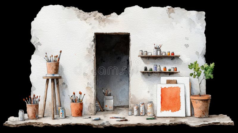 Rustic Art Studio with Paint Brushes Pots and Shelves Against a ...