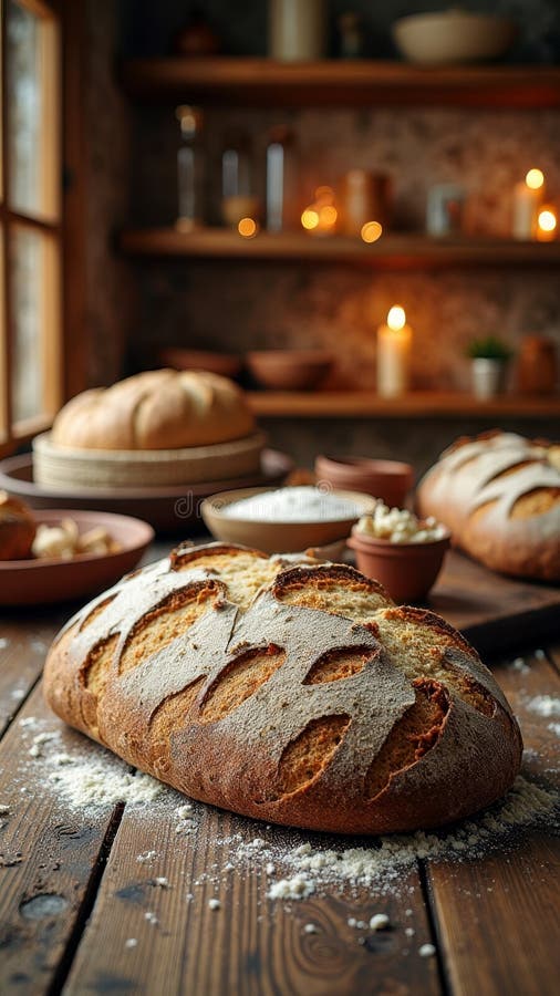 Rustic Artisan Bread in Cozy Candlelit Kitchen Scene with Wooden Table ...