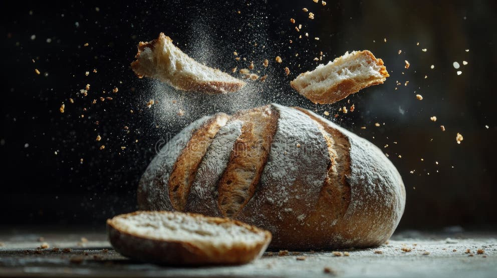 Rustic Artisan Bread with Crumbs Flying Stock Illustration ...