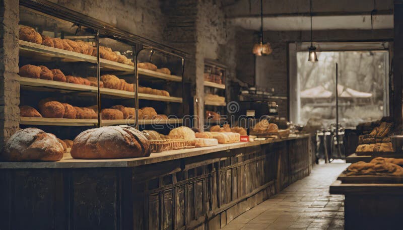 Rustic Artisan Bread Display in Cozy Vintage Bakery Interior with Warm ...