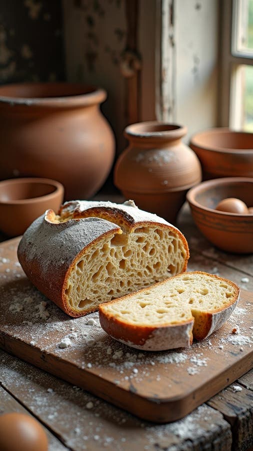 Rustic Artisan Bread with Flour Dusting on Wooden Board in Cozy Kitchen ...