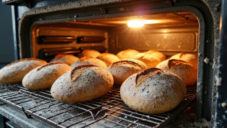 Rustic Artisan Bread Loaves Baking in Oven with Golden Crusts Stock ...