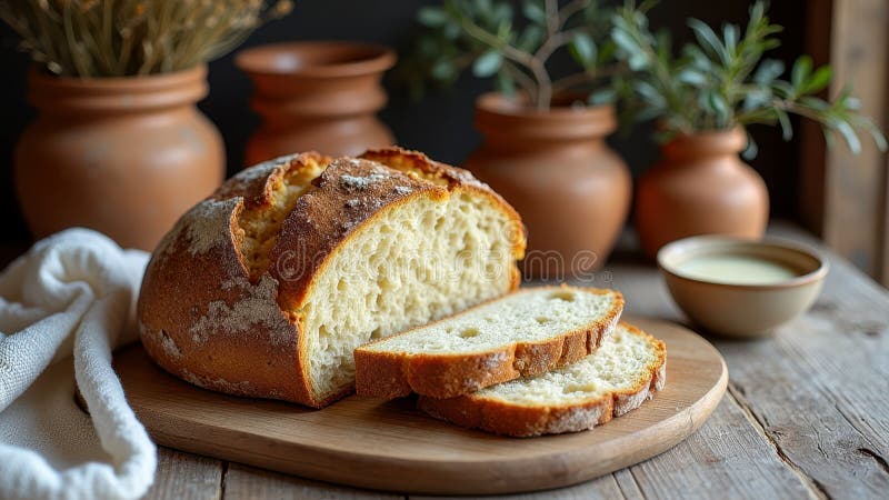 Rustic Artisan Bread on Wooden Board with Decorative Earthenware and ...