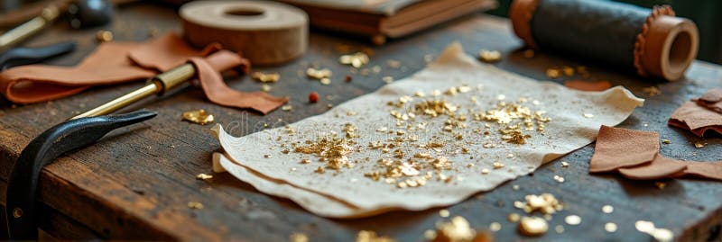 Rustic Artisan Workshop Table with Gold Leaf, Leather Tools, and ...