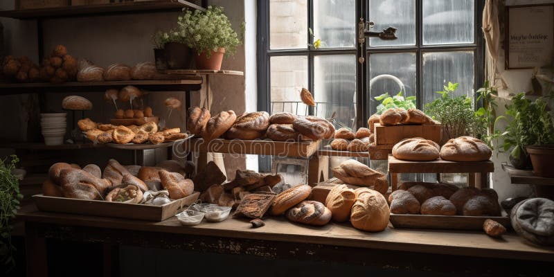 A Rustic, Artisanal Bakery Display, Featuring Freshly Baked Bread and ...
