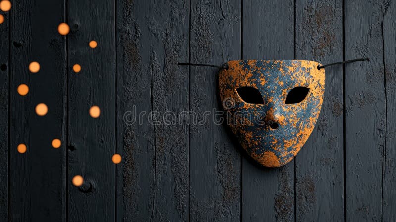 Rustic Artistic Mask on a Dark Wooden Background with Glowing Orbs ...