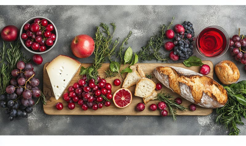 A Rustic Assortment of Still Life Items Including Cheeses, Bread, and ...