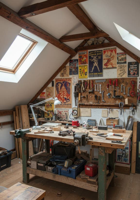 Rustic Attic Workshop with Vintage Posters and Woodworking Tools Stock ...