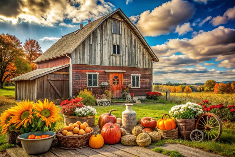 Rustic Autumn Barn with Harvest Bounty Stock Illustration ...