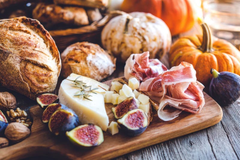 Rustic Autumn Cheese Board with Pumpkin, Bread, Figs, and Prosciutto ...