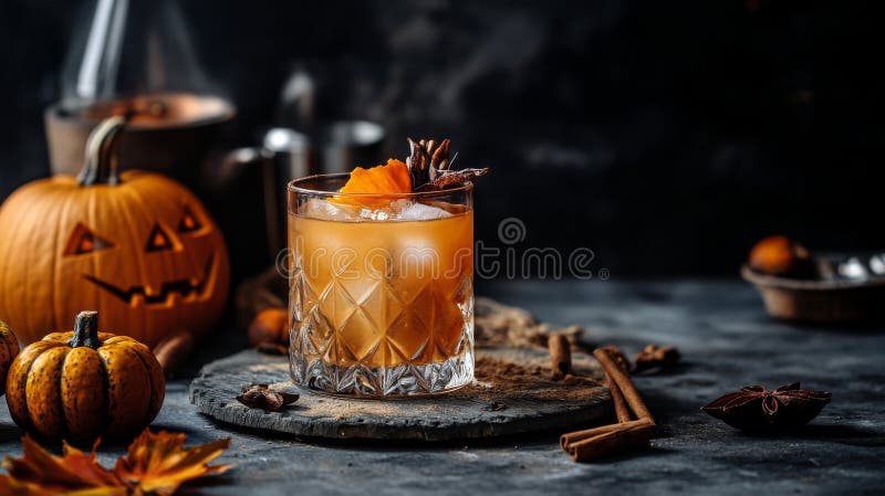 Rustic Autumn Cocktail with Pumpkins and Spices in a Moody Setting ...