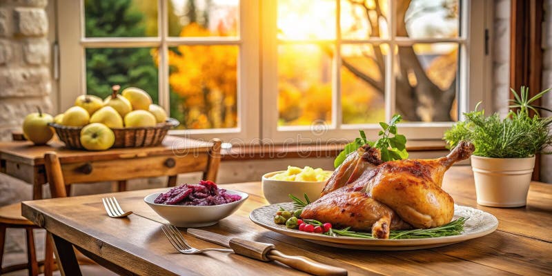 A Rustic Autumn Feast Roasted Chicken, Mashed Potatoes, and Apple ...
