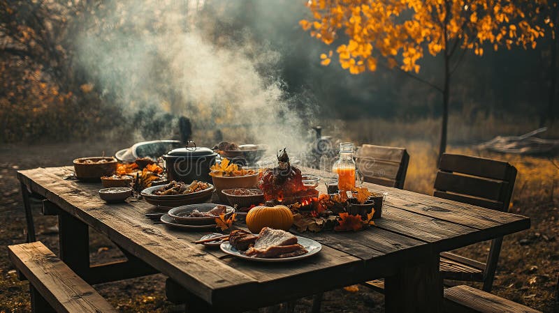 Rustic Autumn Feast on Wooden Table Outdoors Stock Photo - Image of ...