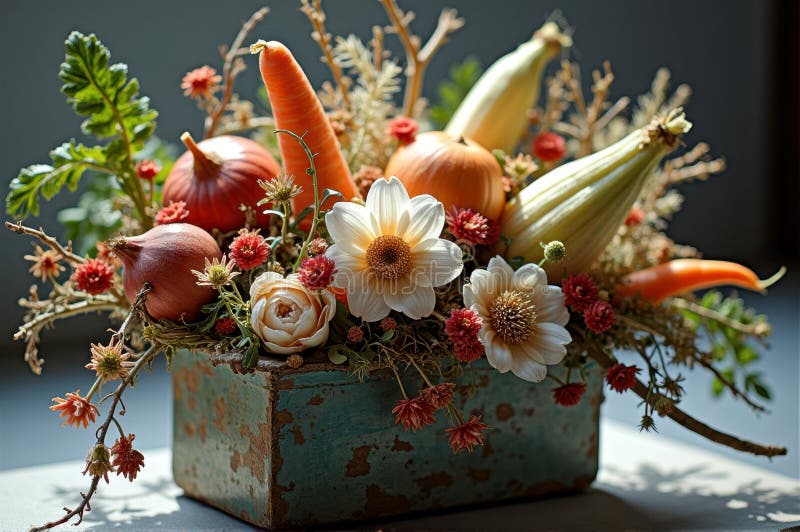 Rustic Autumn Floral Arrangement with Fresh Vegetables and Blossoms ...