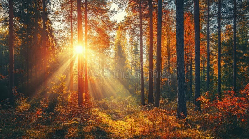 Rustic Autumn Forest Scene with Colorful Trees Stock Illustration ...