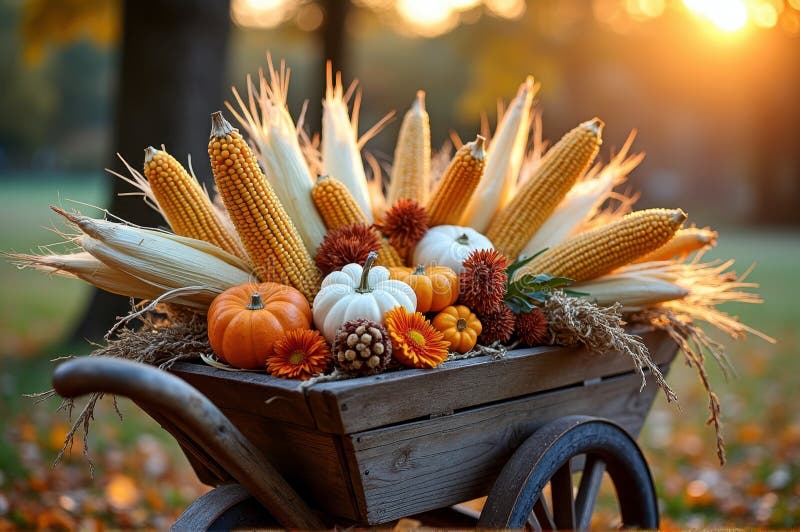 Rustic Autumn Harvest Display with Pumpkins, Corn, and Chrysanthemums ...