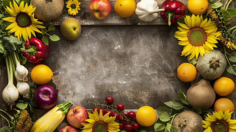 Rustic Autumn Harvest Frame with Sunflowers and Vegetables Stock Photo ...
