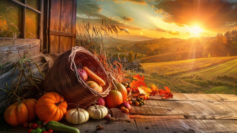Harvest Scene with Basket of Vegetables and Sunset Over Fields Stock ...