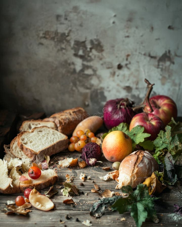 Rustic Autumn Harvest Spread with Bread, Fruit, and Vegetables on ...