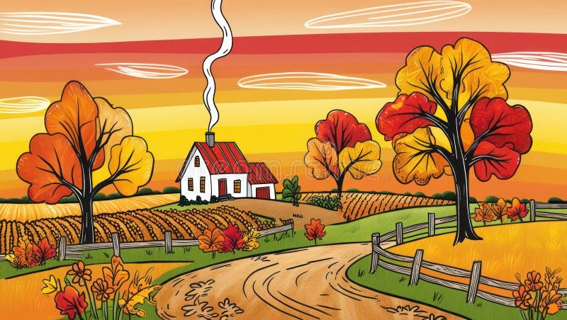 Rustic Autumn Landscape with House and Trees at Sunset. Stock Photo ...