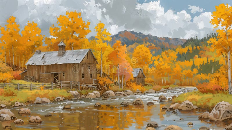 Rustic Autumn Mill by the River Stock Illustration - Illustration of ...
