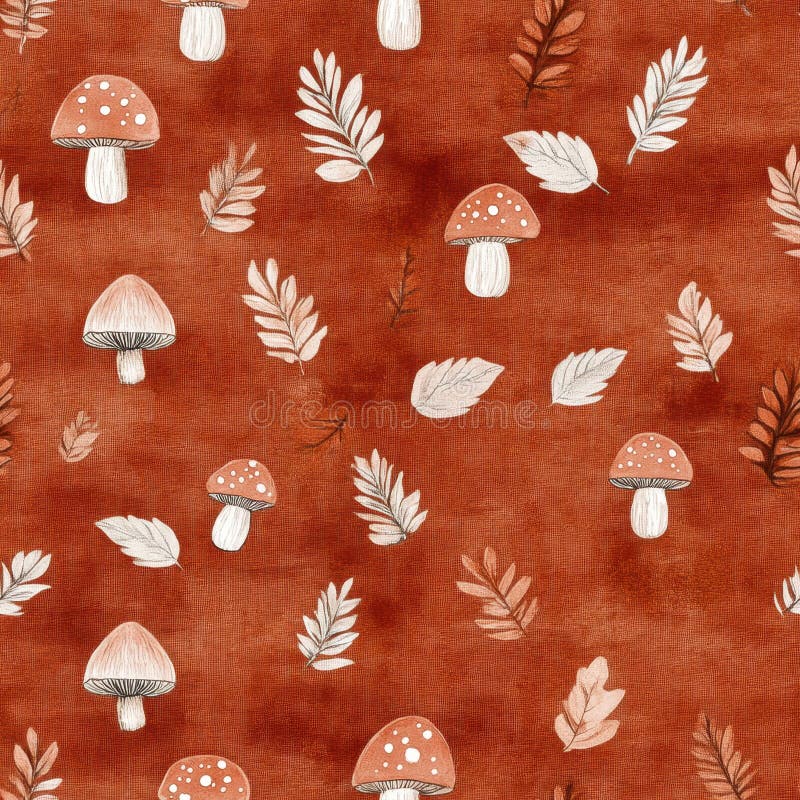 Rustic Autumn Mushroom and Leaf Pattern on Textured Background. Stock ...