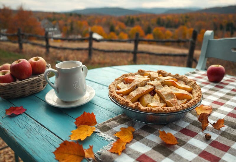A Rustic Autumn Scene Featuring an Apple Pie on a Blue Table with a ...