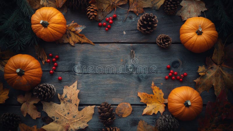 A Rustic Autumn Setting with Small Pumpkins, Crisp Leaves, Red Berries ...