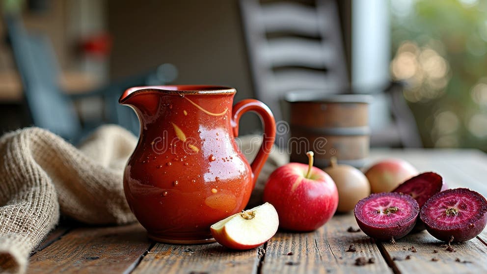 Rustic Autumn Still Life with Red Pitcher, Apples, and Plums Stock ...