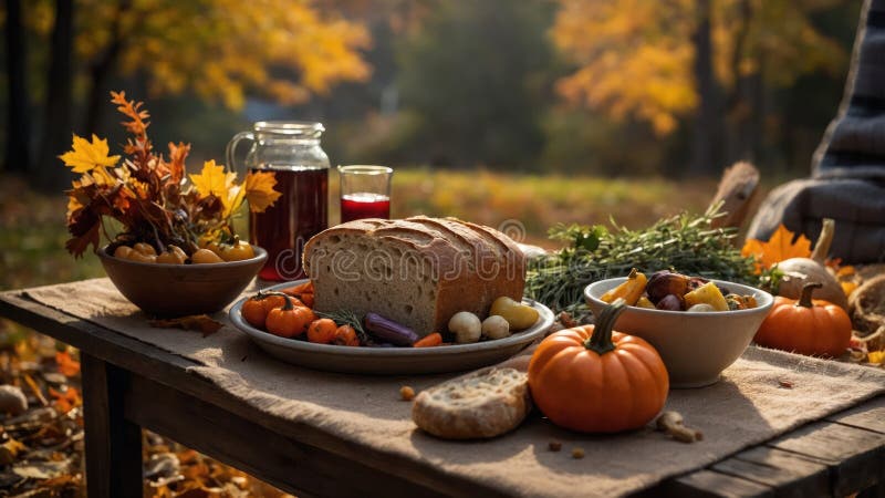 A Rustic Autumn Table Setting with Food, Drinks, and Seasonal ...