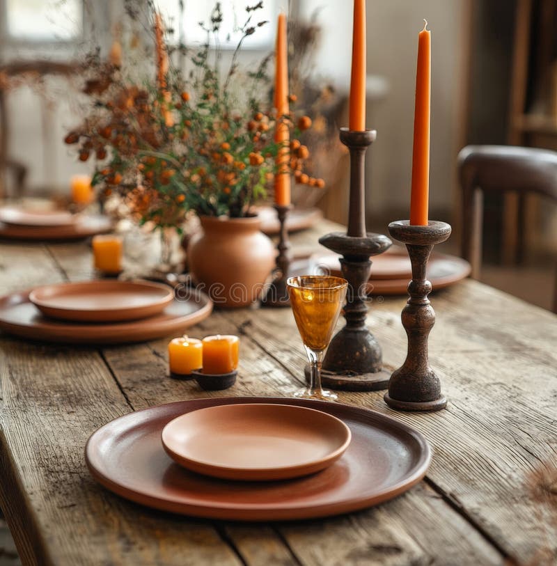 Rustic Autumn Table Setting with Orange Candles and Wooden Accents ...