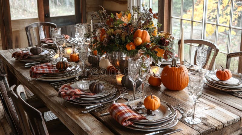 Rustic Autumn Table Setting with Pumpkins and Fall Decor Stock ...