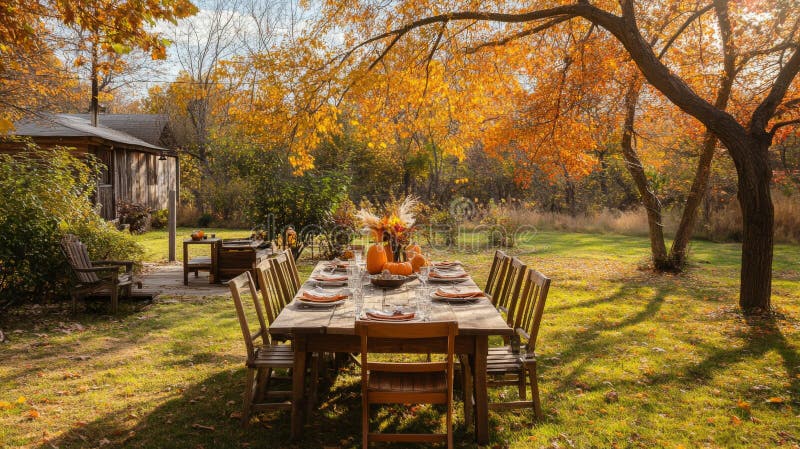 Rustic Autumn Table Setting in a Wooded Backyard Stock Illustration ...