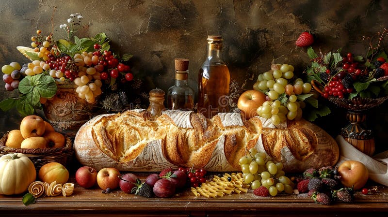 A Rustic Autumn Table Spread Featuring Bread, Fruits, and Beverages in ...