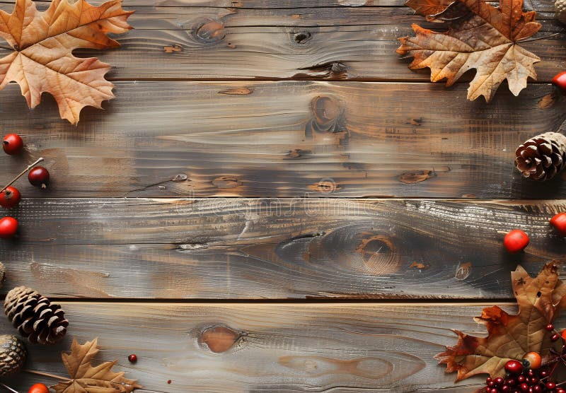 Rustic Autumn Wooden Background with Fall Leaves and Berries Stock ...