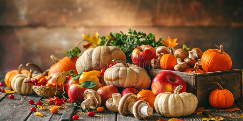 A Rustic Autumnal Display with Pumpkins, Apples, Mushrooms, and Other ...