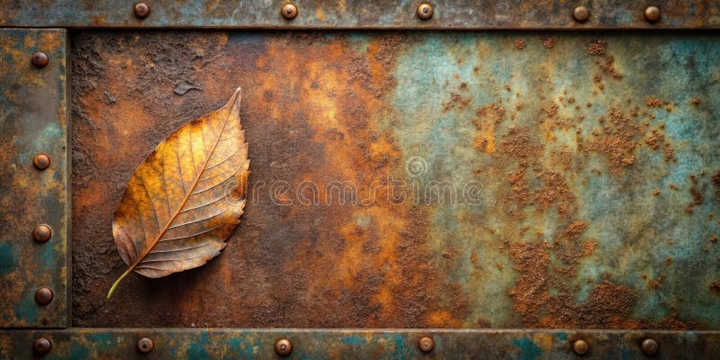 Rustic Autumnal Leaf on Aged Metallic Surface with Rivets. Generative ...