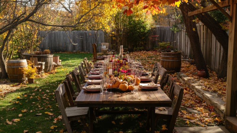 Rustic Autumnal Table Setting in a Backyard Garden Stock Illustration ...