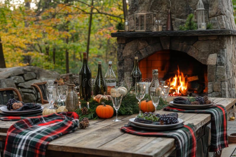 Rustic Autumnal Table Setting with Fireplace and Forest Background ...