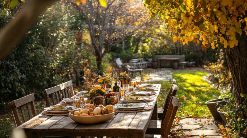 Rustic Autumnal Table Setting in a Garden Stock Illustration ...