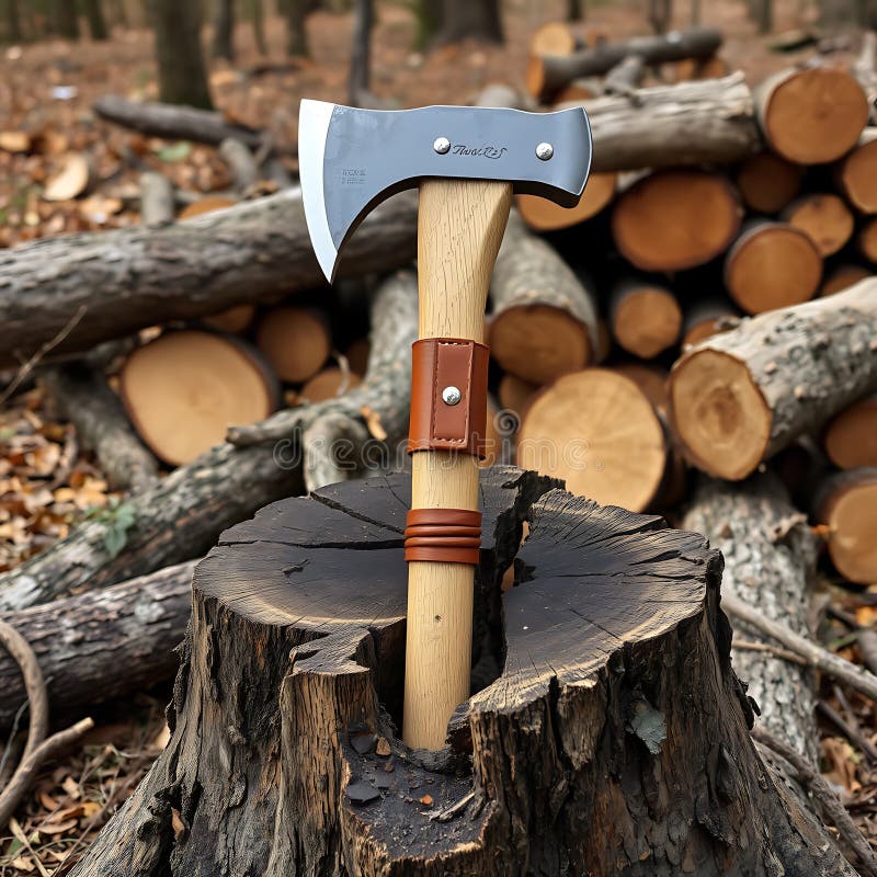A Rustic Ax with a Leather Wrapped Handle Embedded in a Tree Stump ...