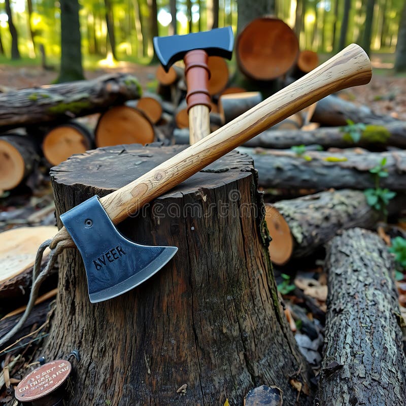 A Rustic Ax with a Leather Wrapped Handle Embedded in a Tree Stump ...