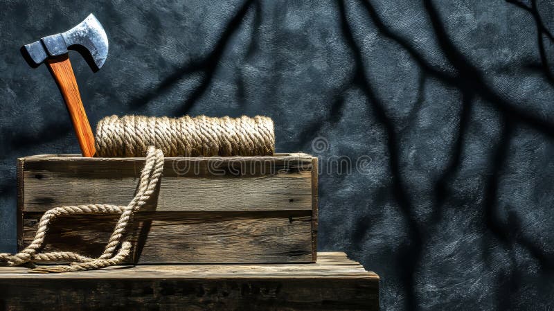 Rustic Axe and Coiled Rope on Weathered Wooden Crate a Study in Light ...