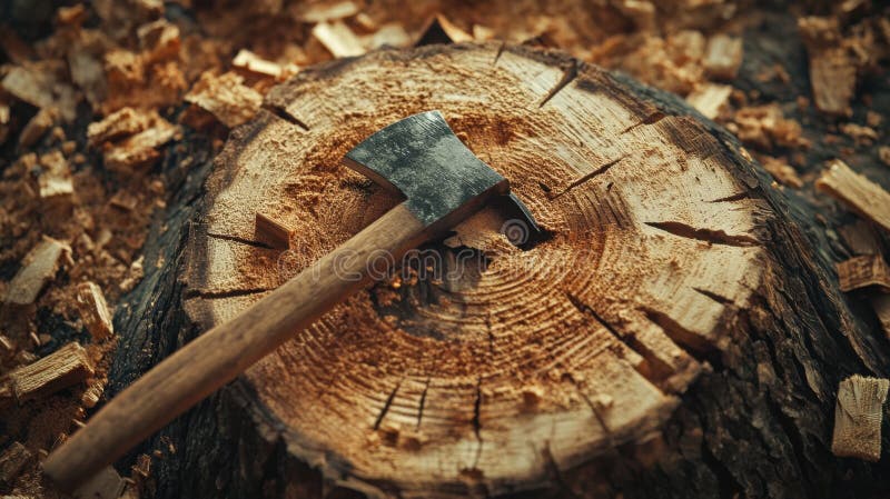 Rustic Axe Embedded in Tree Stump Surrounded by Wood Chips for ...