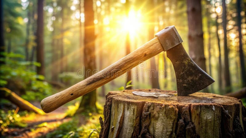 A Rustic Axe Head Embedded in a Tree Stump, Bathed in Golden Sunlight ...