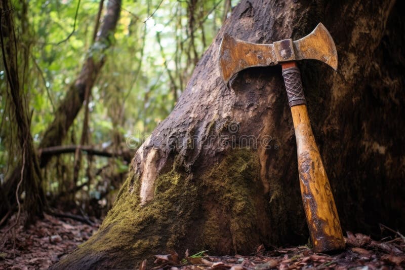 Rustic Axe Leaning Against Tree Trunk Stock Illustration - Illustration ...