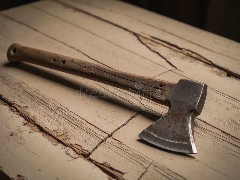 Rustic Axe Resting on Aged Wooden Surface in Natural Lighting. Stock ...